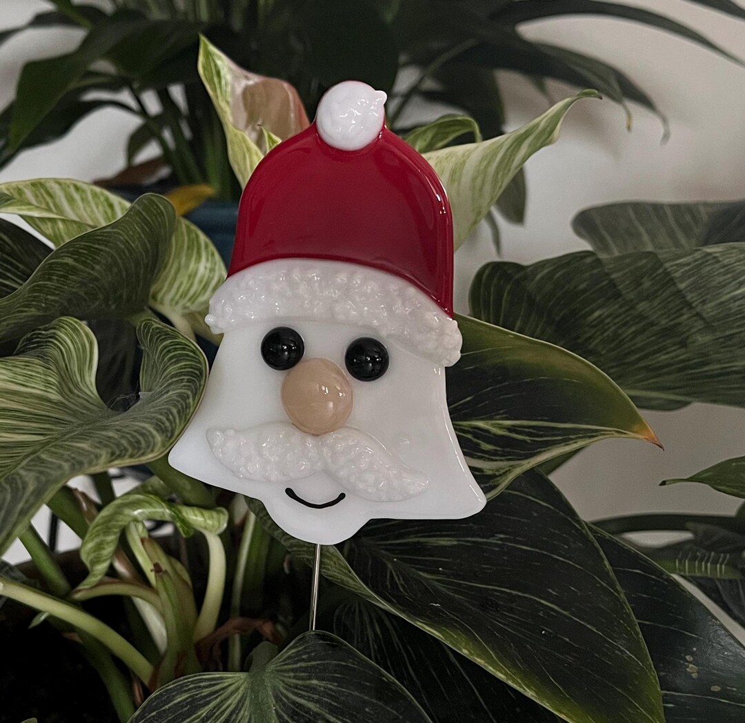 Santa Fused Glass Plant Stake, Christmas Decoration, Flower Pot Santa ...