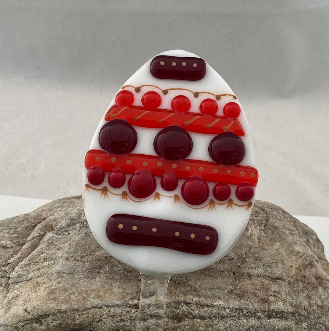 Easter Egg Plant Stake, Red Egg, Fused Glass Plant Stake, Flower Pot ...
