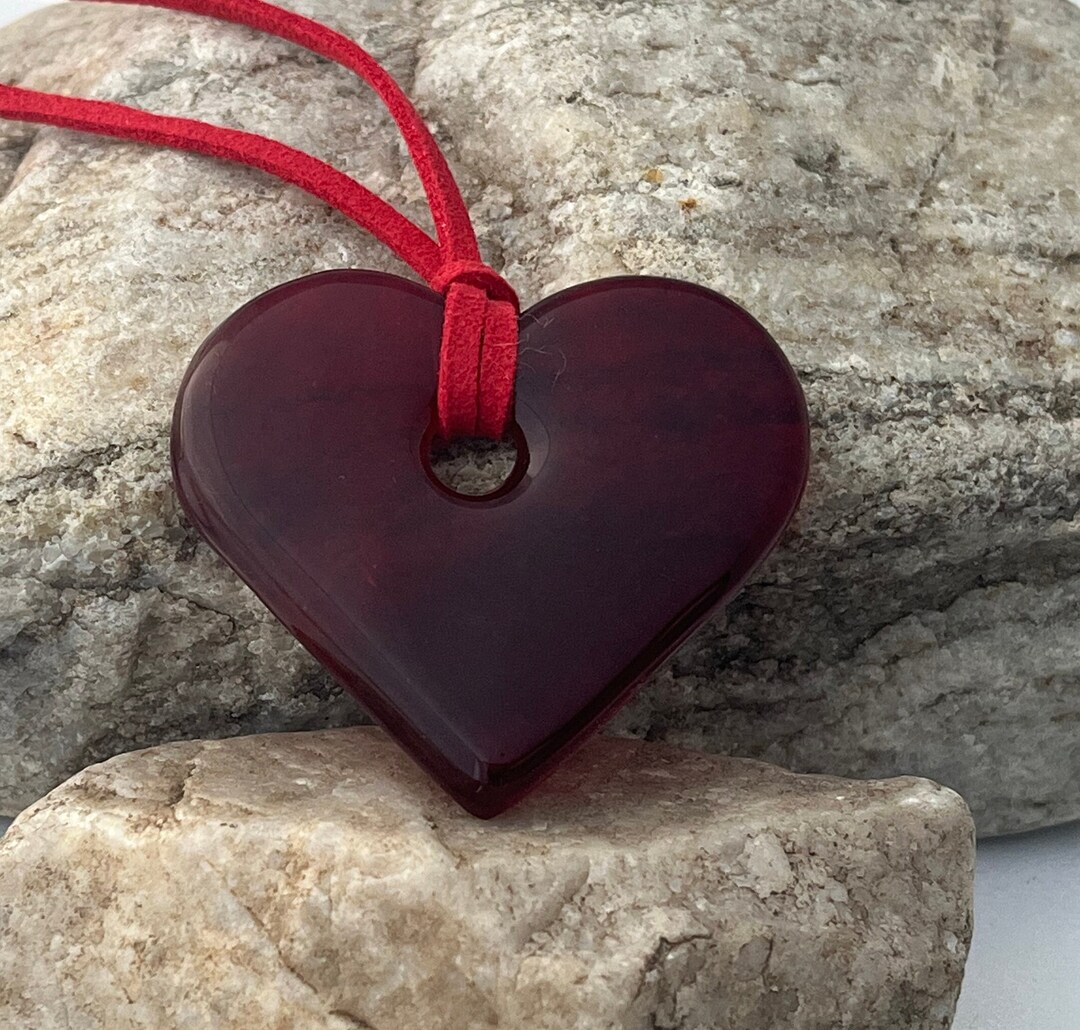 Large Transparent Red Heart Pendant, Heart Pendant, Fused Glass Heart ...