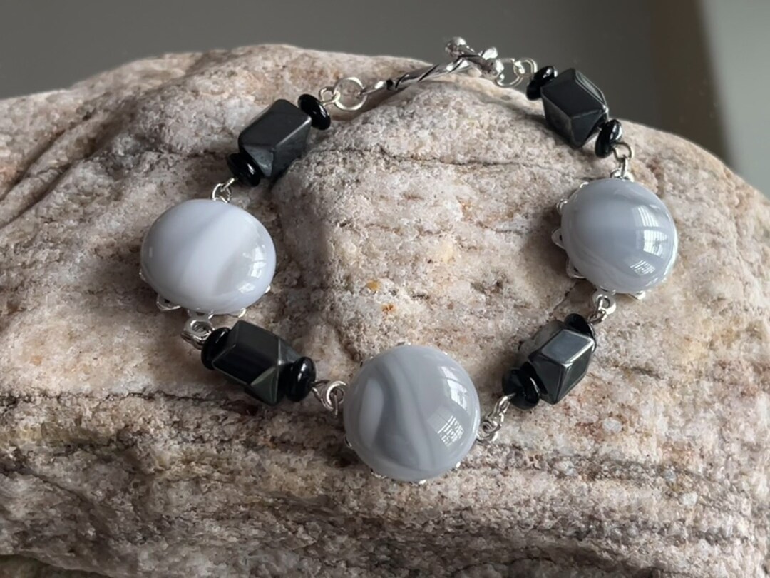 Gray Bracelet, Fused Glass Bracelet, Glass Cabochon Bracelet, Glass ...