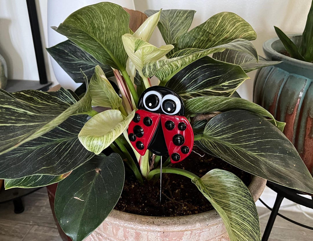 Lady Bug Fused Glass Pot/plant Stake, Garden Lady Bug, Flower Pot ...