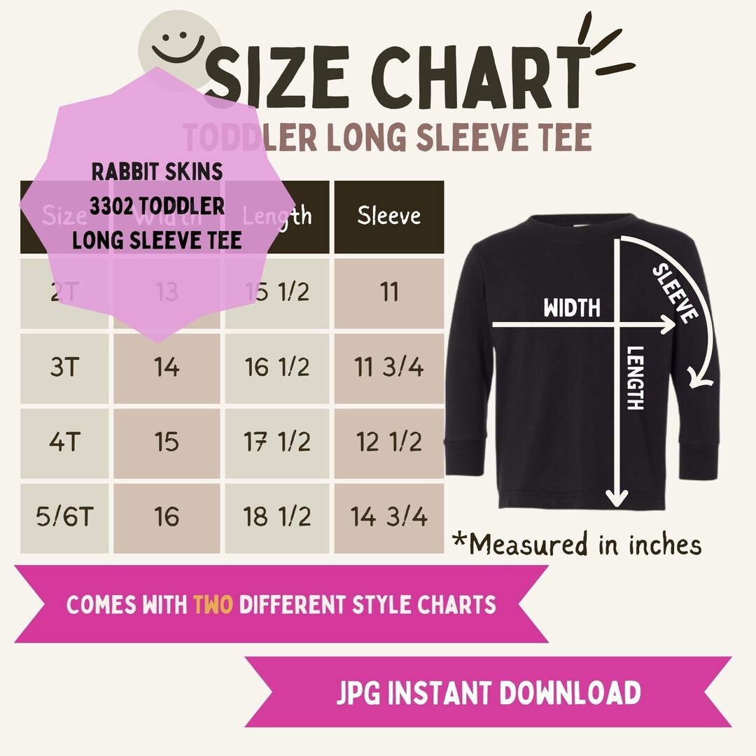 Rabbit Skins 3302 Toddler Long Sleeve Tee Size Chart, Digital File Size ...