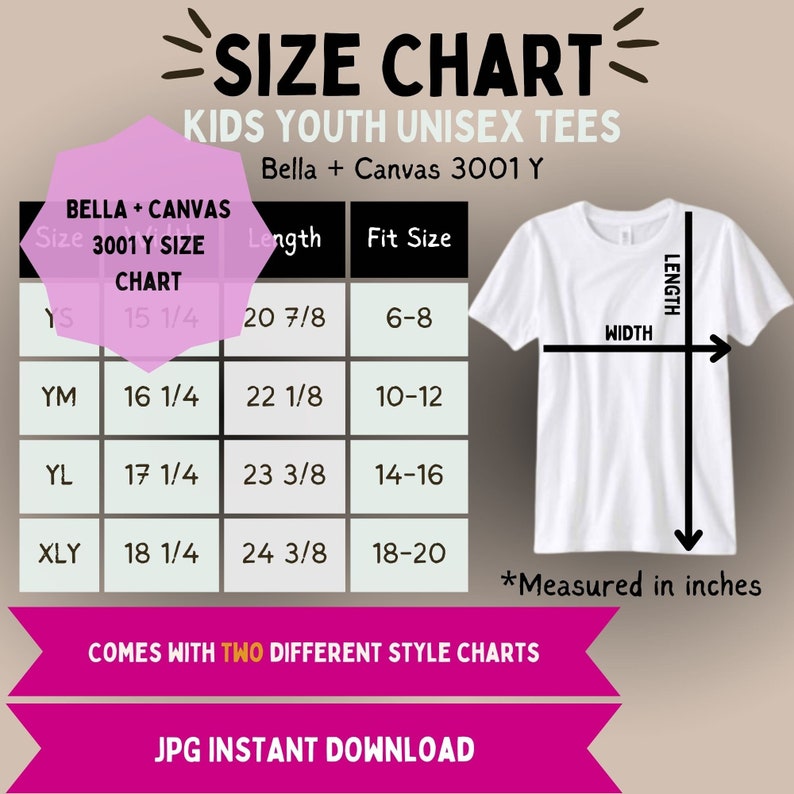 Bella + Canvas 3001 Y Size Guide, White Youth Tee Size Guide, Bella ...