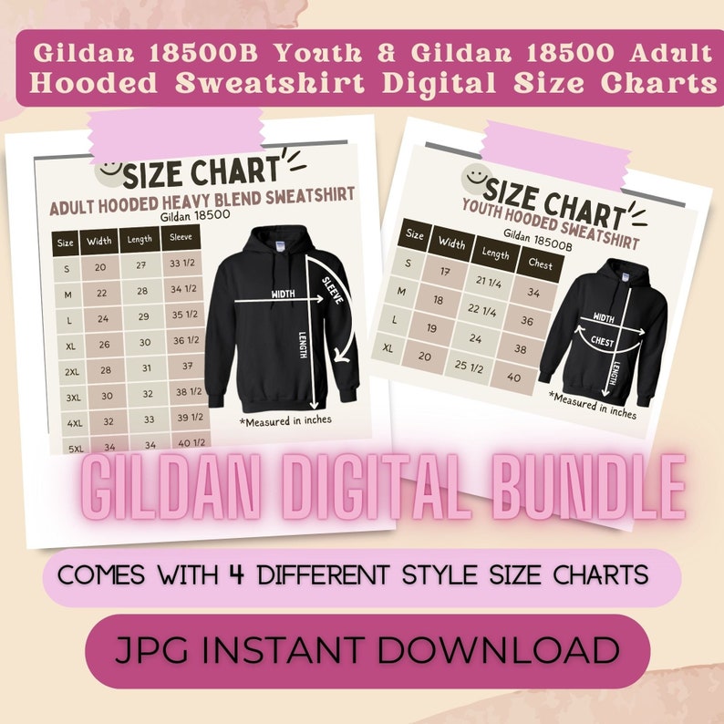Gildan 18500B Youth Hooded Sweatshirt Size Chart and Gildan 18500 Adult ...