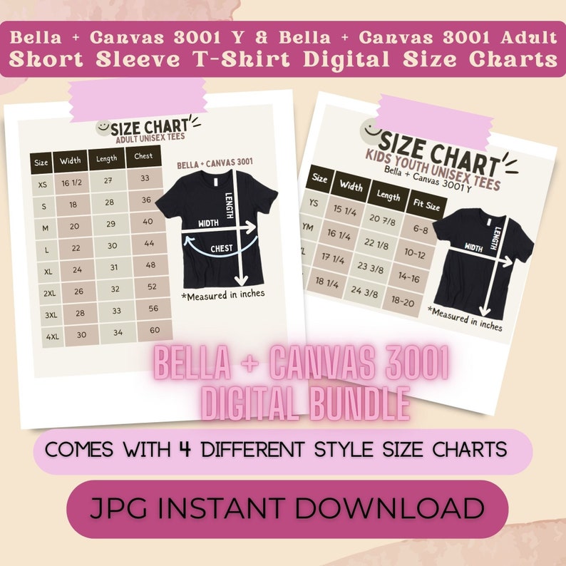 Bella Canvas 3001 Y Size Guide Bundle, Bella and Canvas 3001 Sizing ...