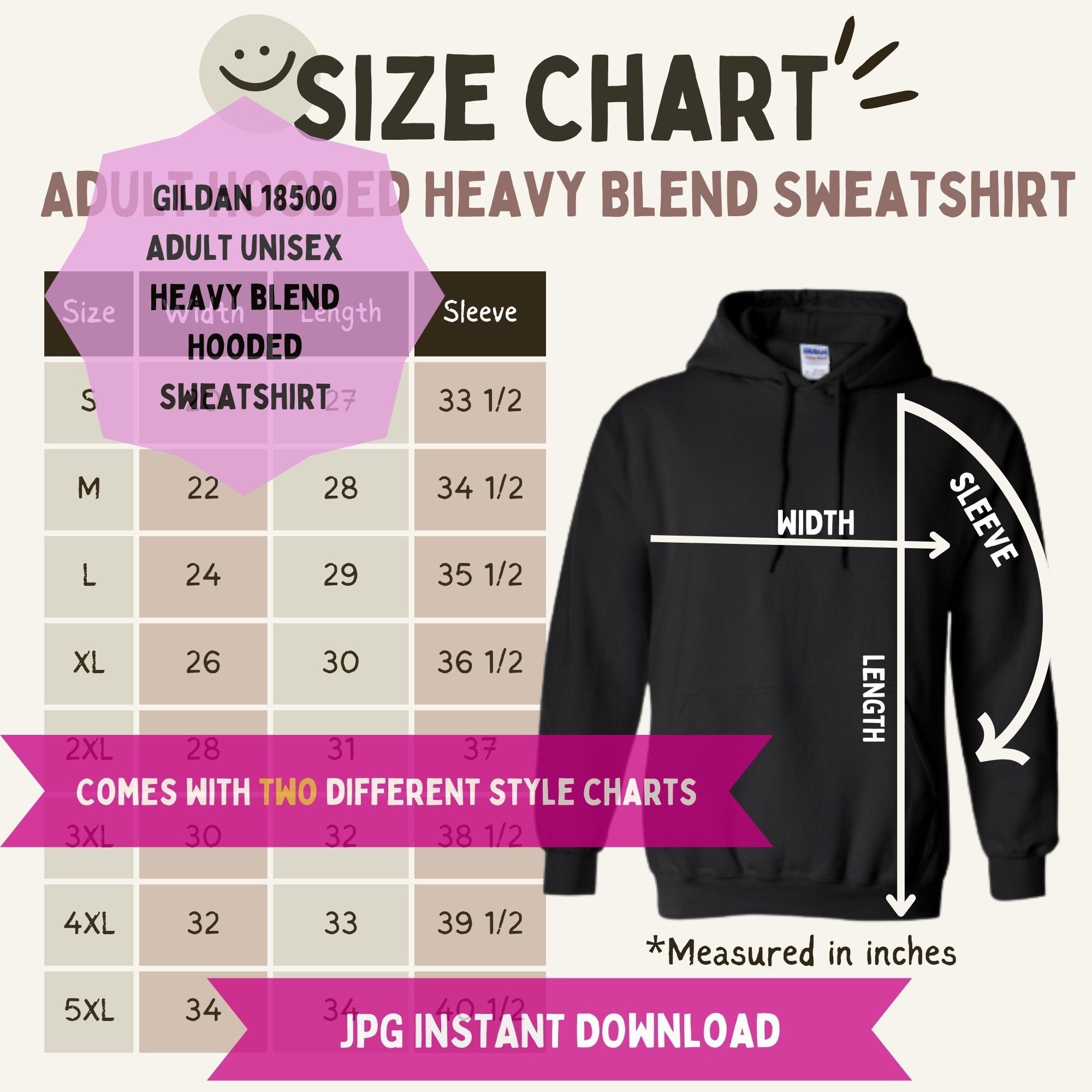 Gildan 18500 Adult Unisex Hooded Sweatshirt Size Chart, Digital File ...