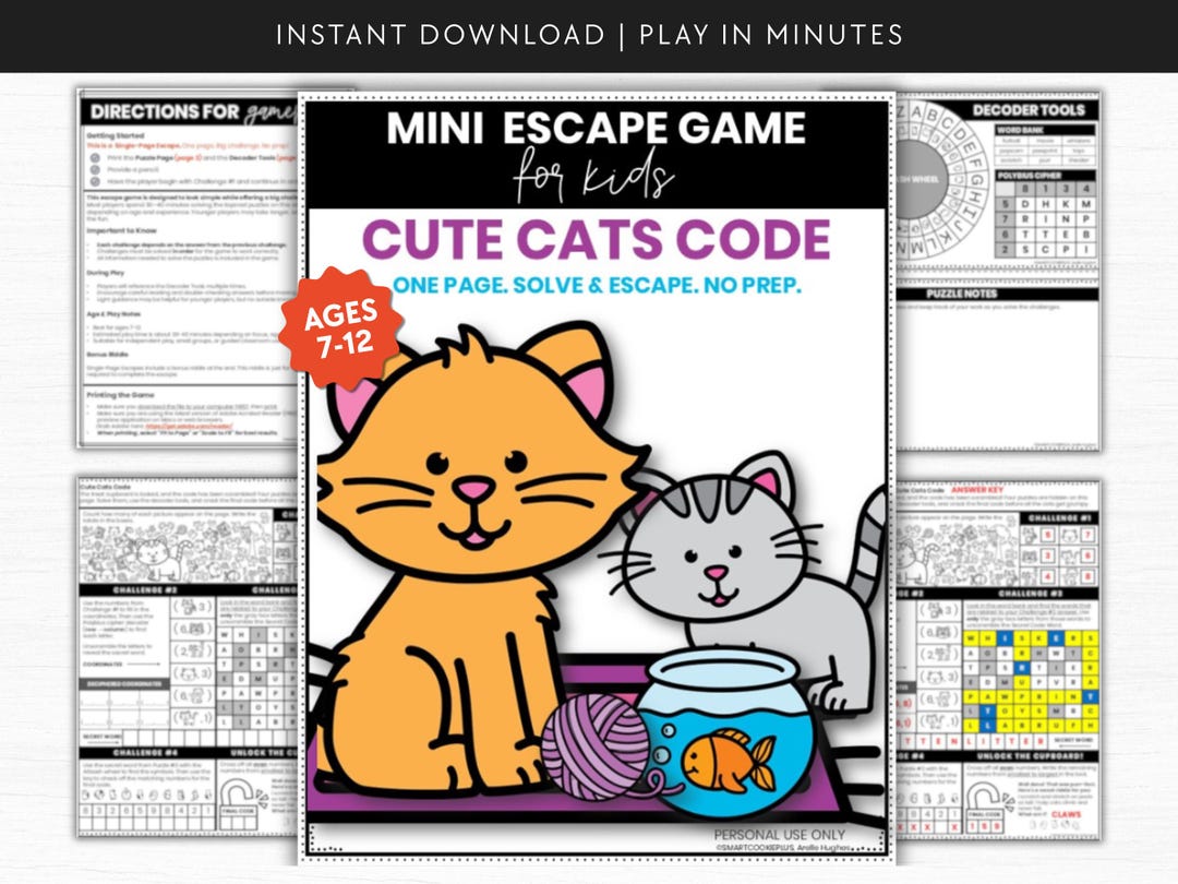 Cat Escape Game for Kids | Cute Cats Code | Ages 7–12 (printable PDF ...