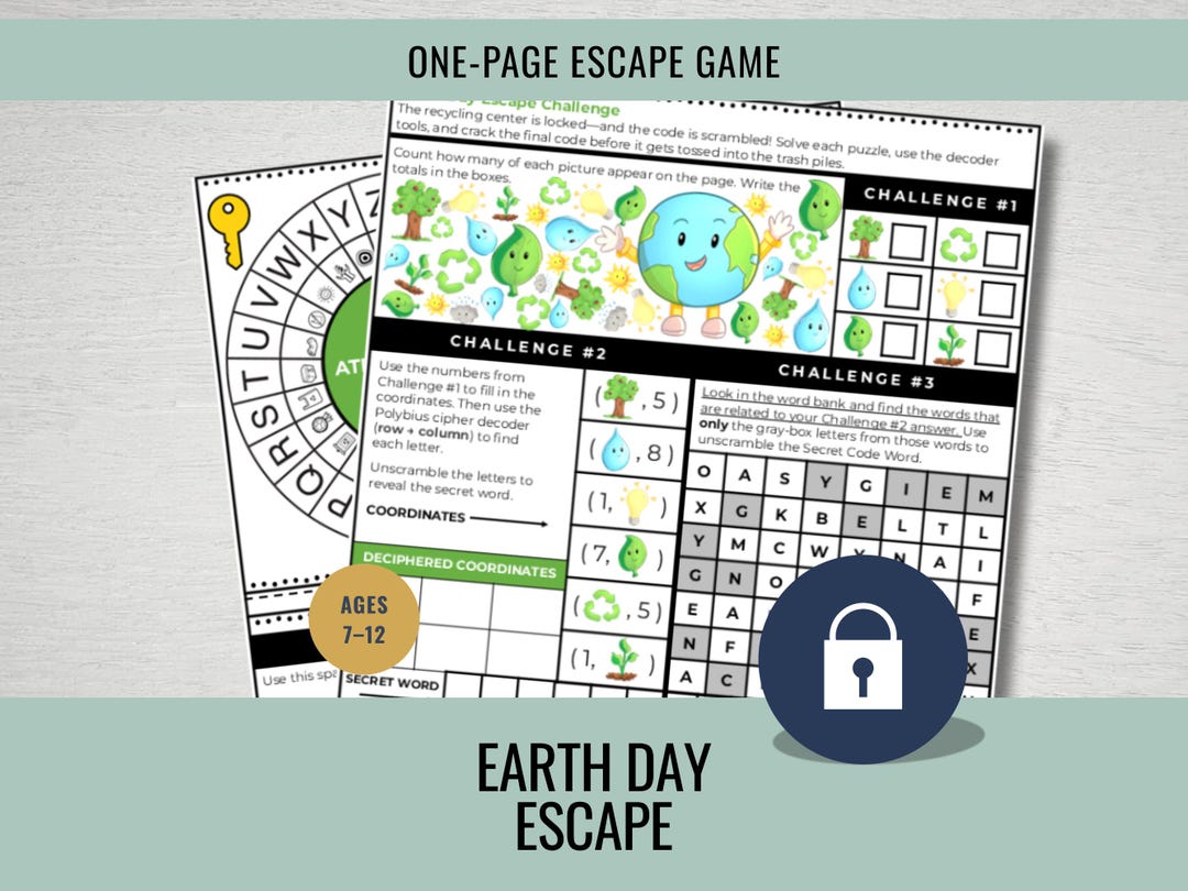 Earth Day Escape Room for Kids | One-page Escape Puzzle | Printable ...