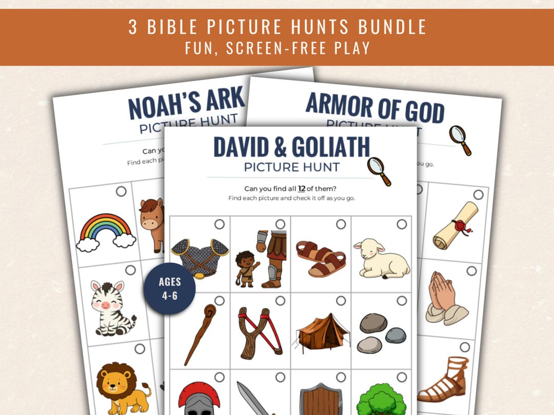 Bible Picture Hunt Bundle for Kids | Noah’s Ark, David & Goliath, Armor ...