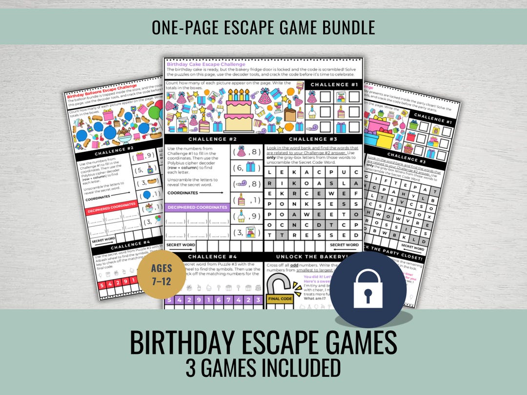 Birthday Escape Room Bundle for Kids | 3 One-page Birthday Escape ...