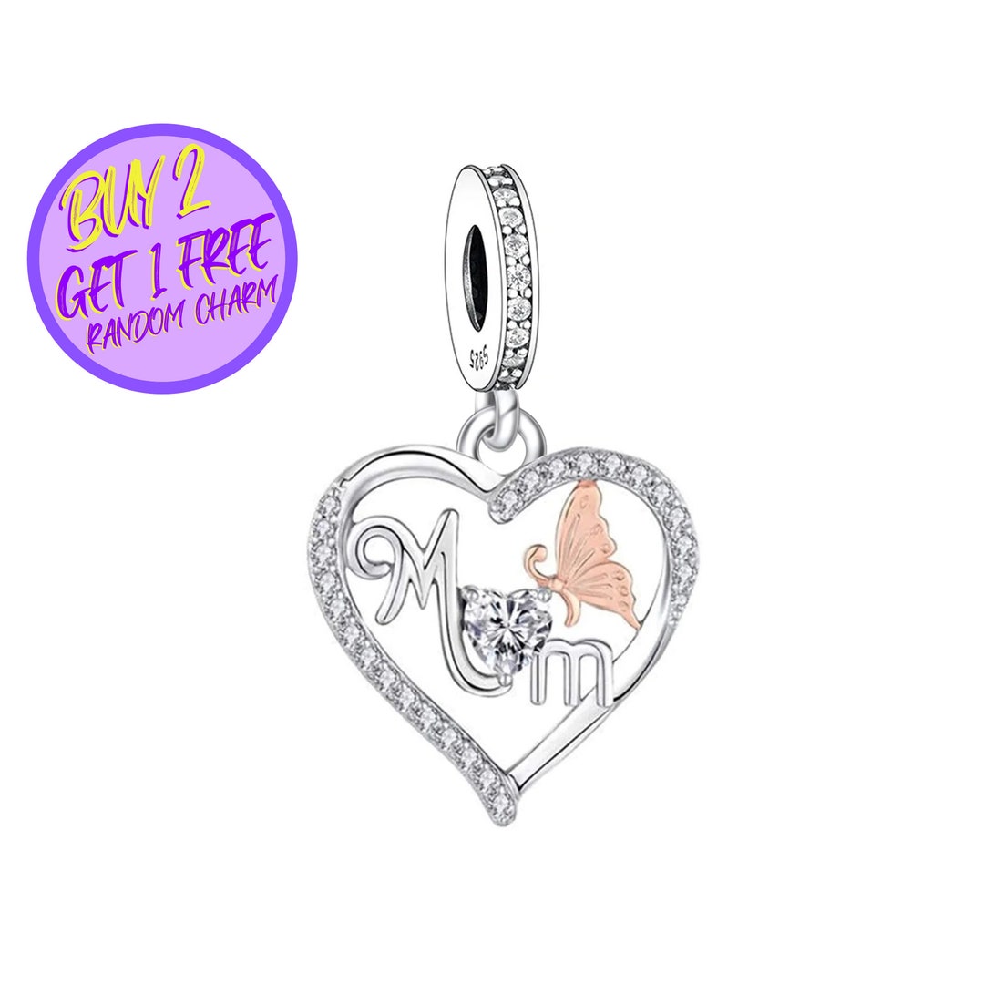 Mom Butterfly Charm for Bracelet, Heart Charm, Dangle Charm, Mother ...