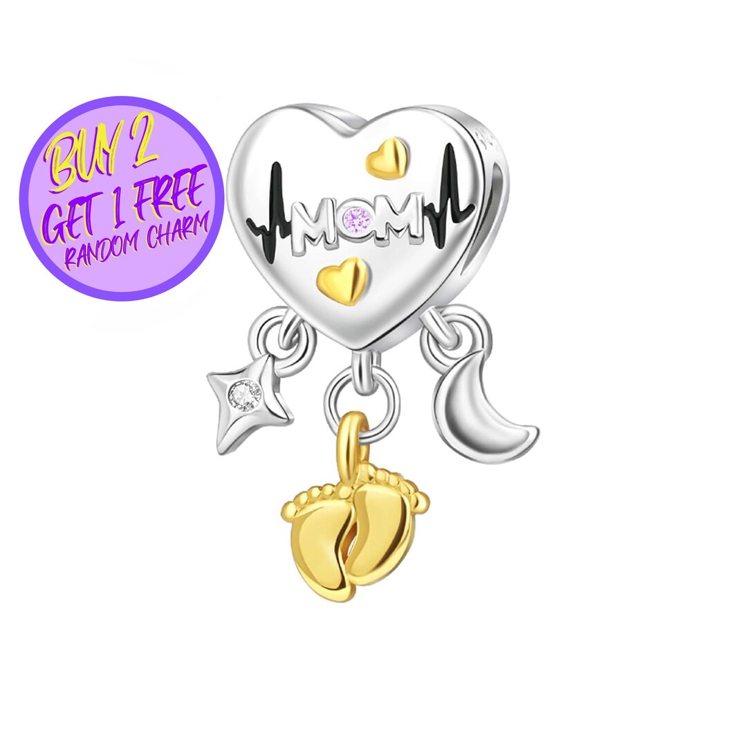 New Mom Charm for Bracelet, Mom Heart Charm, Newborn Charm, Footprint ...