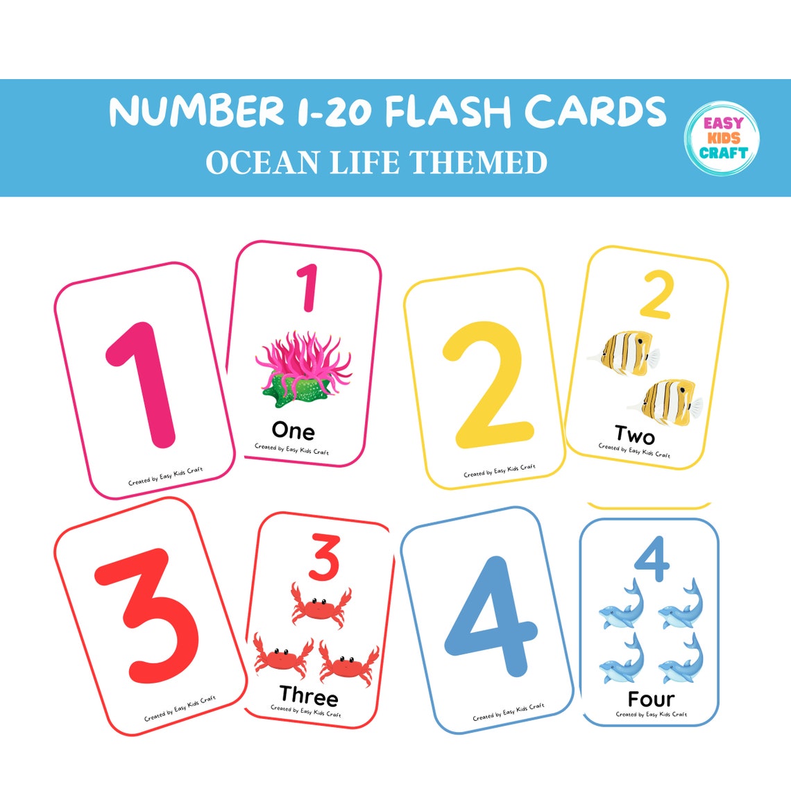 Number 1-20 Ocean Life Flash Cards for Toddlers, Preschool Learning ...
