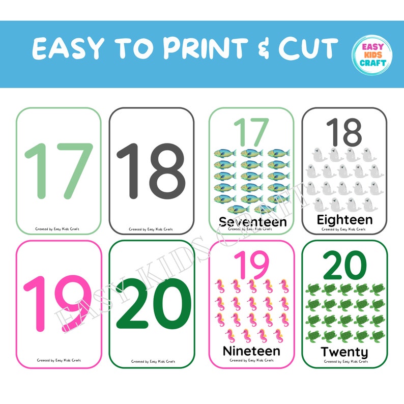 Number 1-20 Ocean Life Flash Cards for Toddlers, Preschool Learning ...