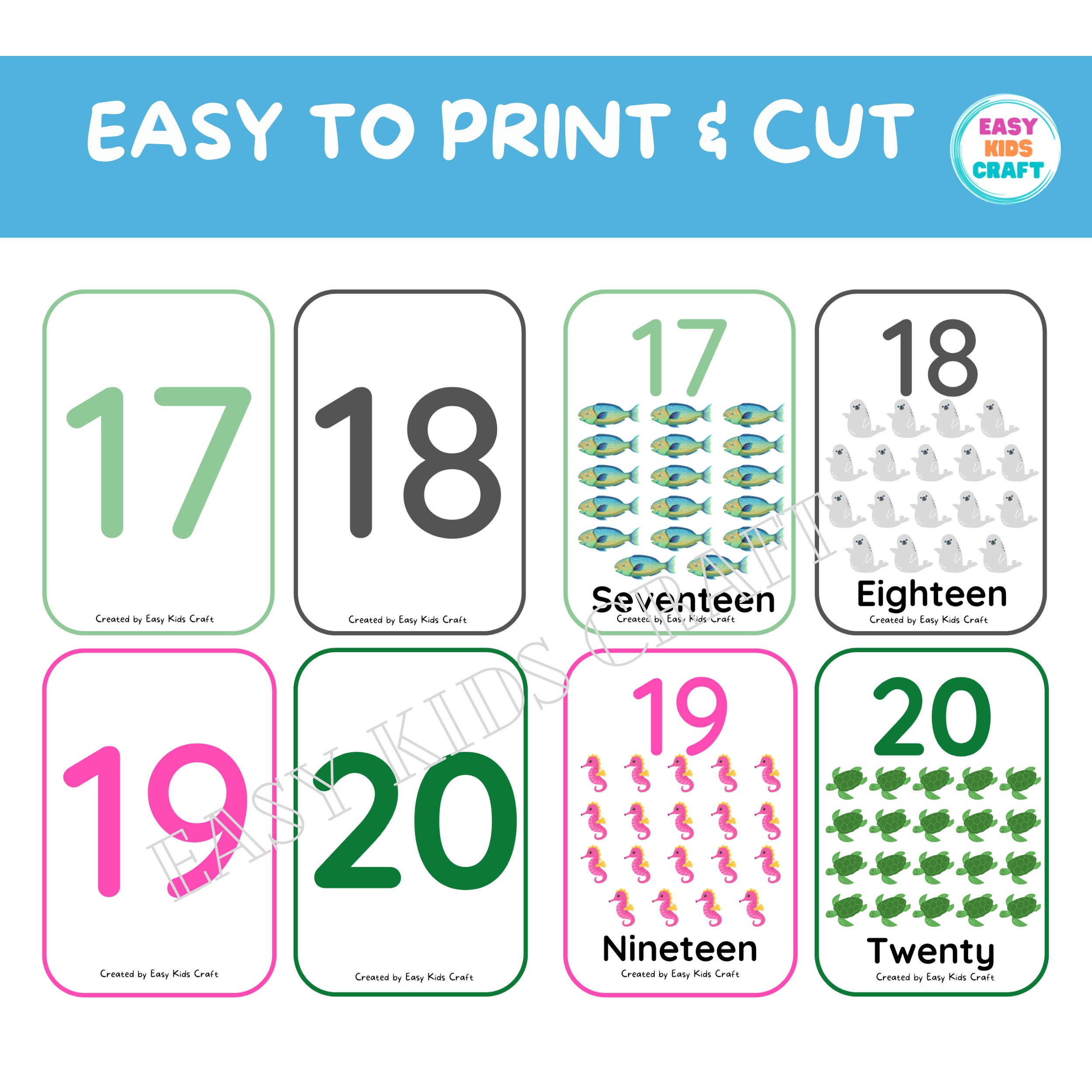 Number 1-20 Ocean Life Flash Cards for Toddlers, Preschool Learning ...