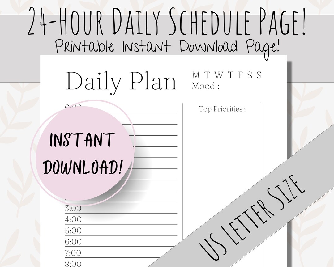 24 Hour Daily Plan Printable, Personal To-do List for Work or Home ...