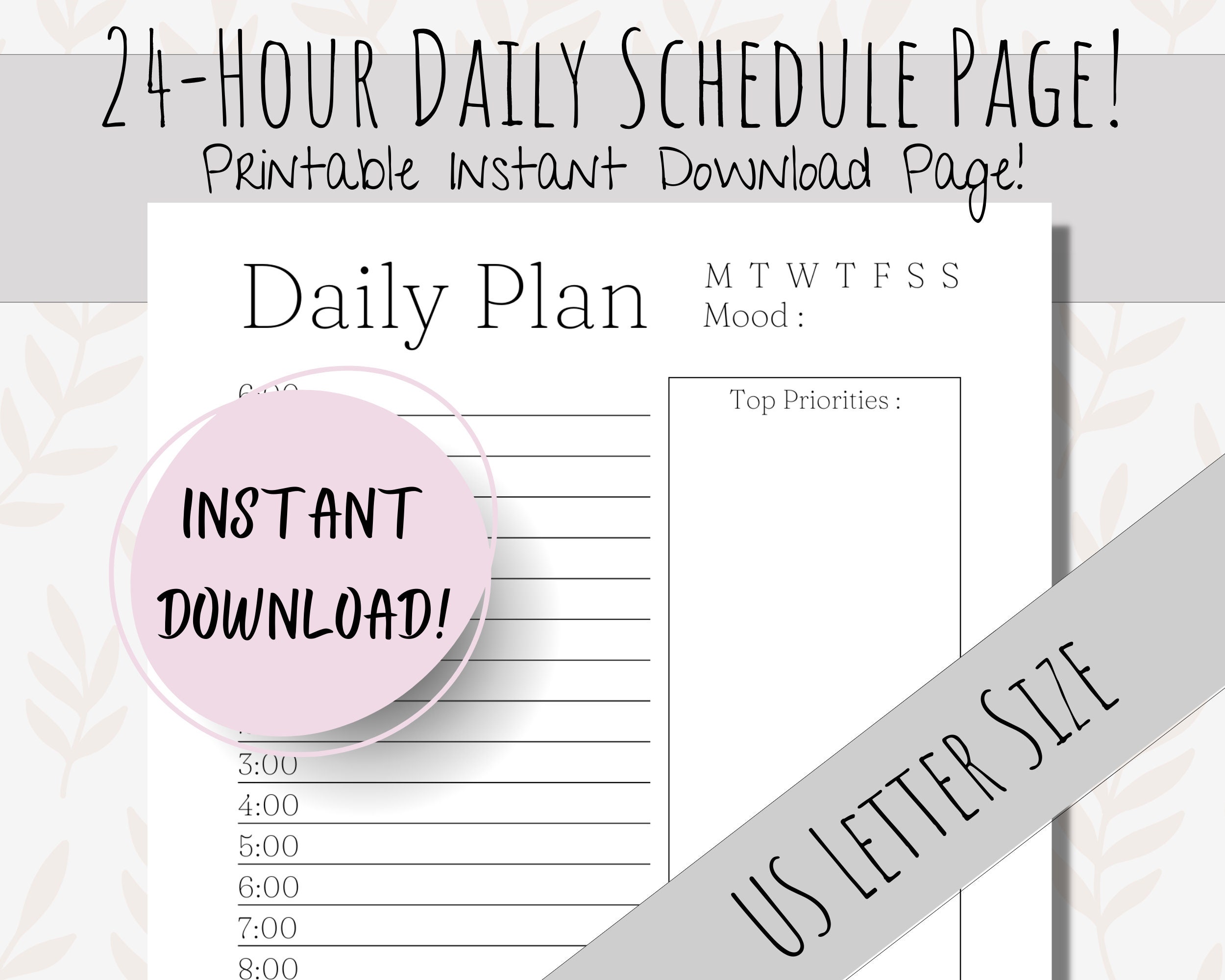 24 Hour Daily Plan Printable, Personal To-do List for Work or Home ...