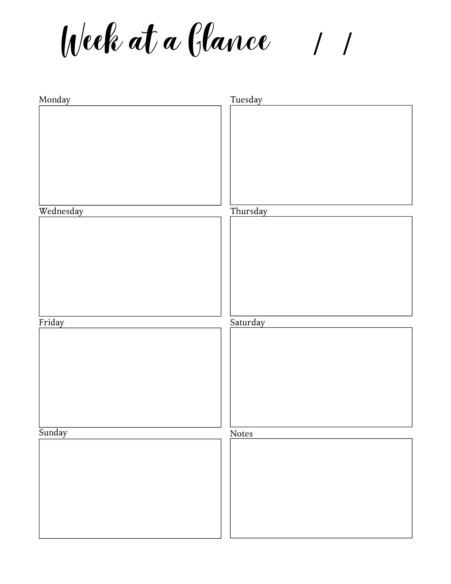 Simple Week at a Glance Planner Page, Instant Download, US Letter ...