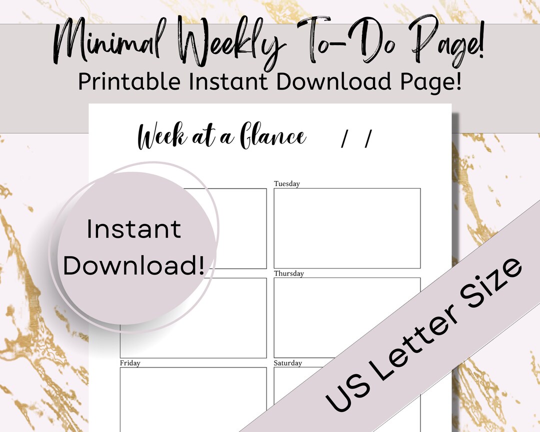 Simple Week at a Glance Planner Page, Instant Download, US Letter ...