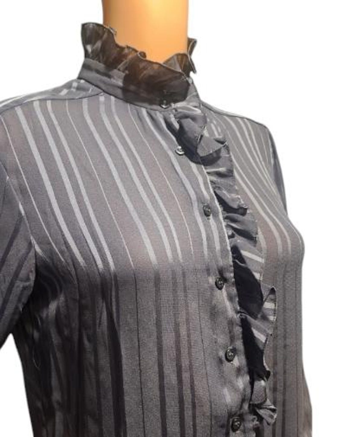 80s Vintage High Neck Ruffle Blouse Grey Size L/XL - Etsy