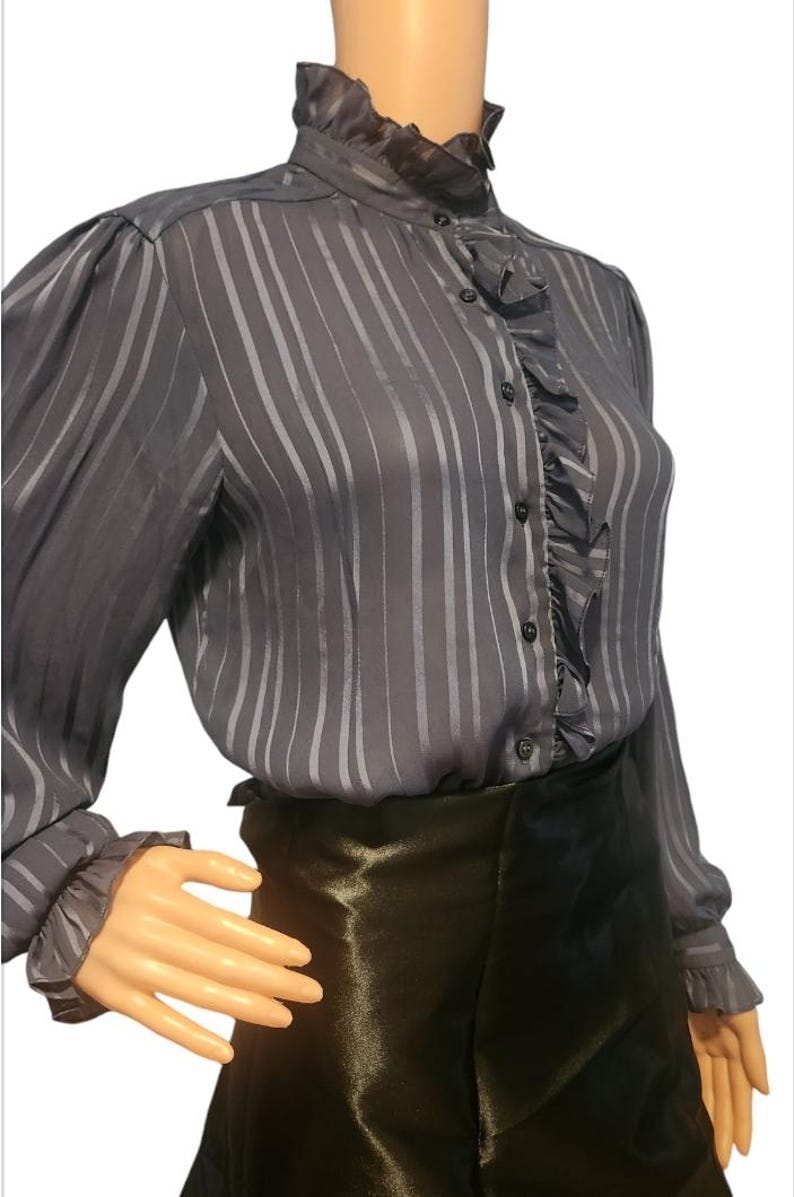 80s Vintage High Neck Ruffle Blouse Grey Size L/XL - Etsy