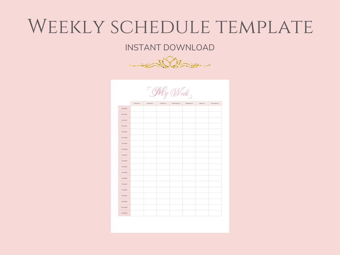 Weekly Schedule Planning Template, Pretty Elegant Pink, Instant ...