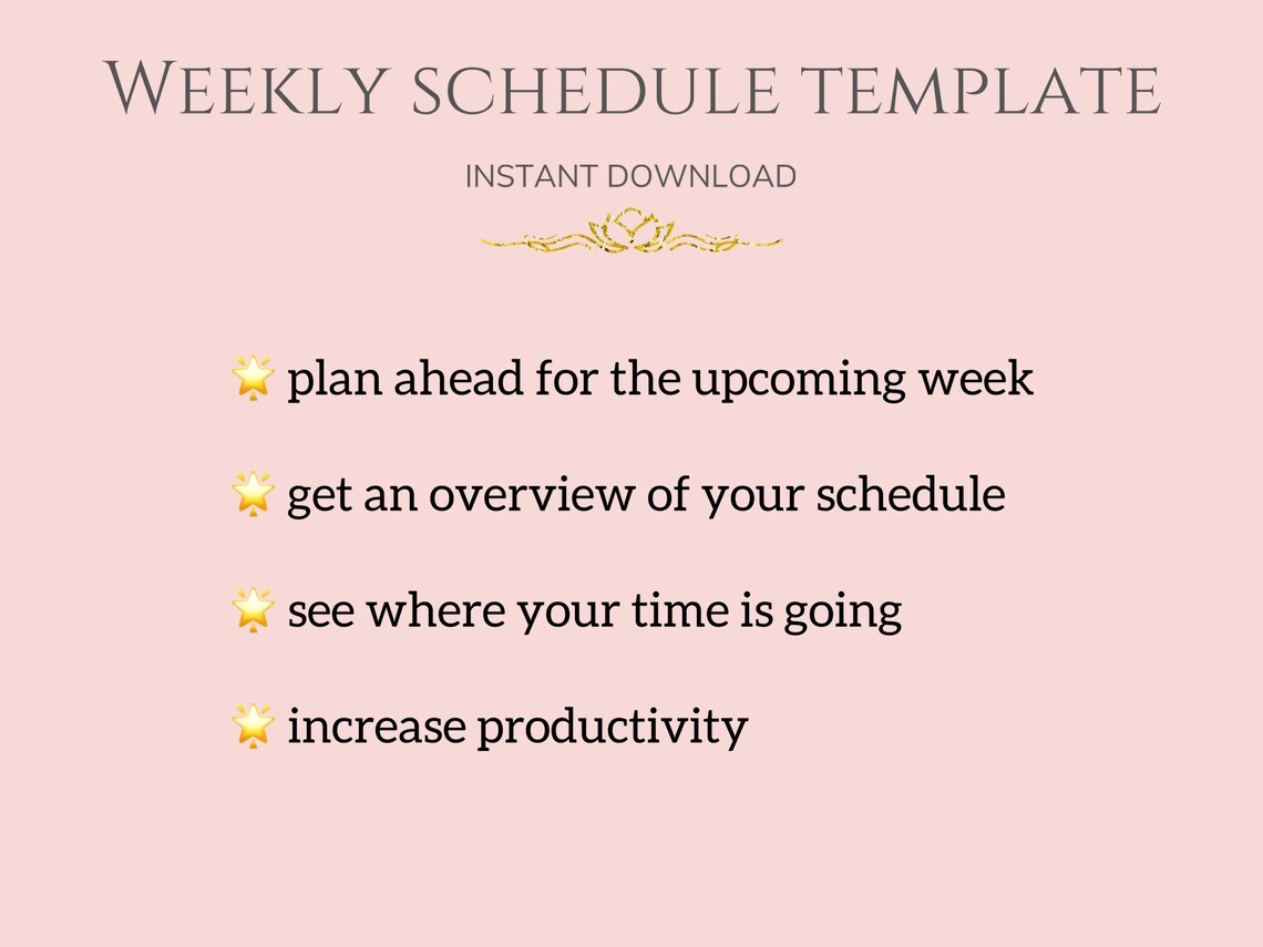Weekly Schedule Planning Template, Pretty Elegant Pink, Instant ...
