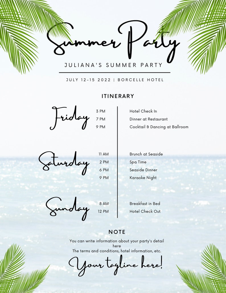 Beach Bachelorette Itinerary Template - Etsy