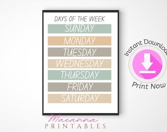 Days of the Week Printable, Instant Download, Printable Wall Art ...