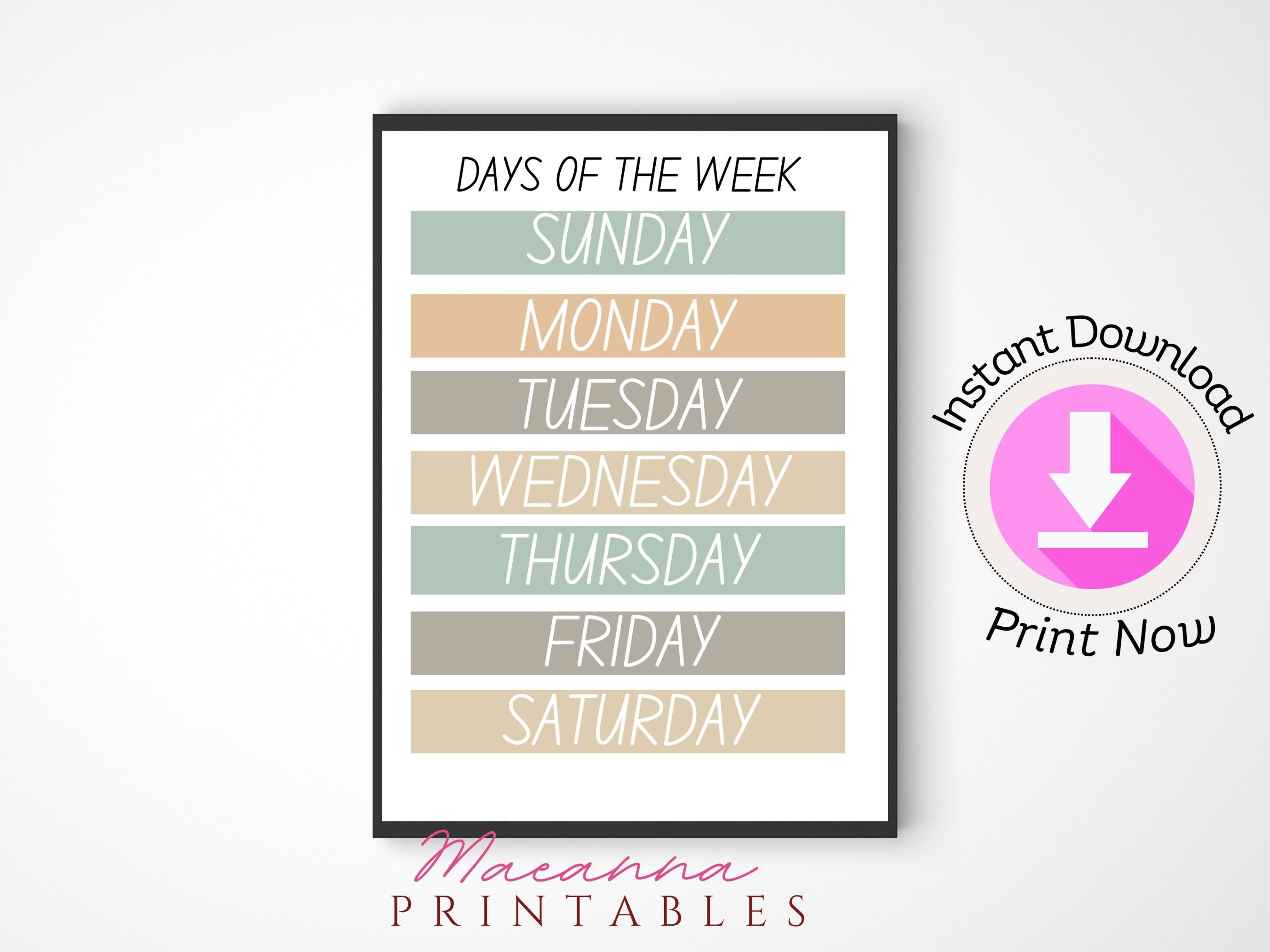 Days of the Week Printable Educational Poster-for Classroom, Homeschool ...