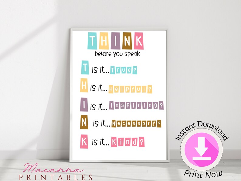 Positive Classroom Posters: Think Before You Speak Printables, Think ...
