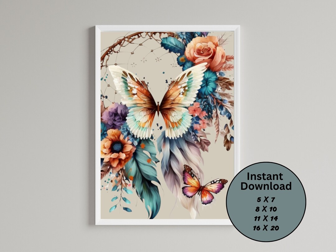 Boho Flower Butterfly Wall Art Set of 5 Printable Art/instant Download ...