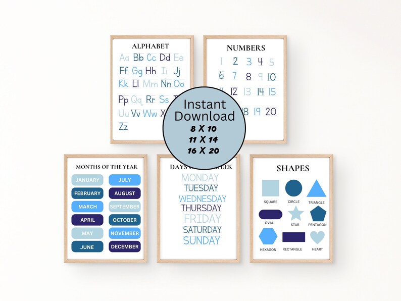 Educational Wall Art Printables Set | Alphabet, Numbers, Months, Days ...