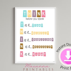 Positive Classroom Posters: Think Before You Speak Printables, Think ...