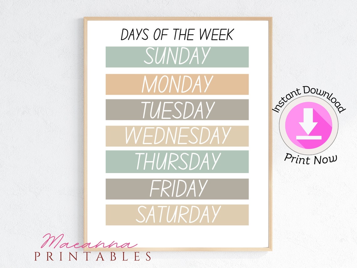 Days of the Week Printable Educational Poster-for Classroom, Homeschool ...