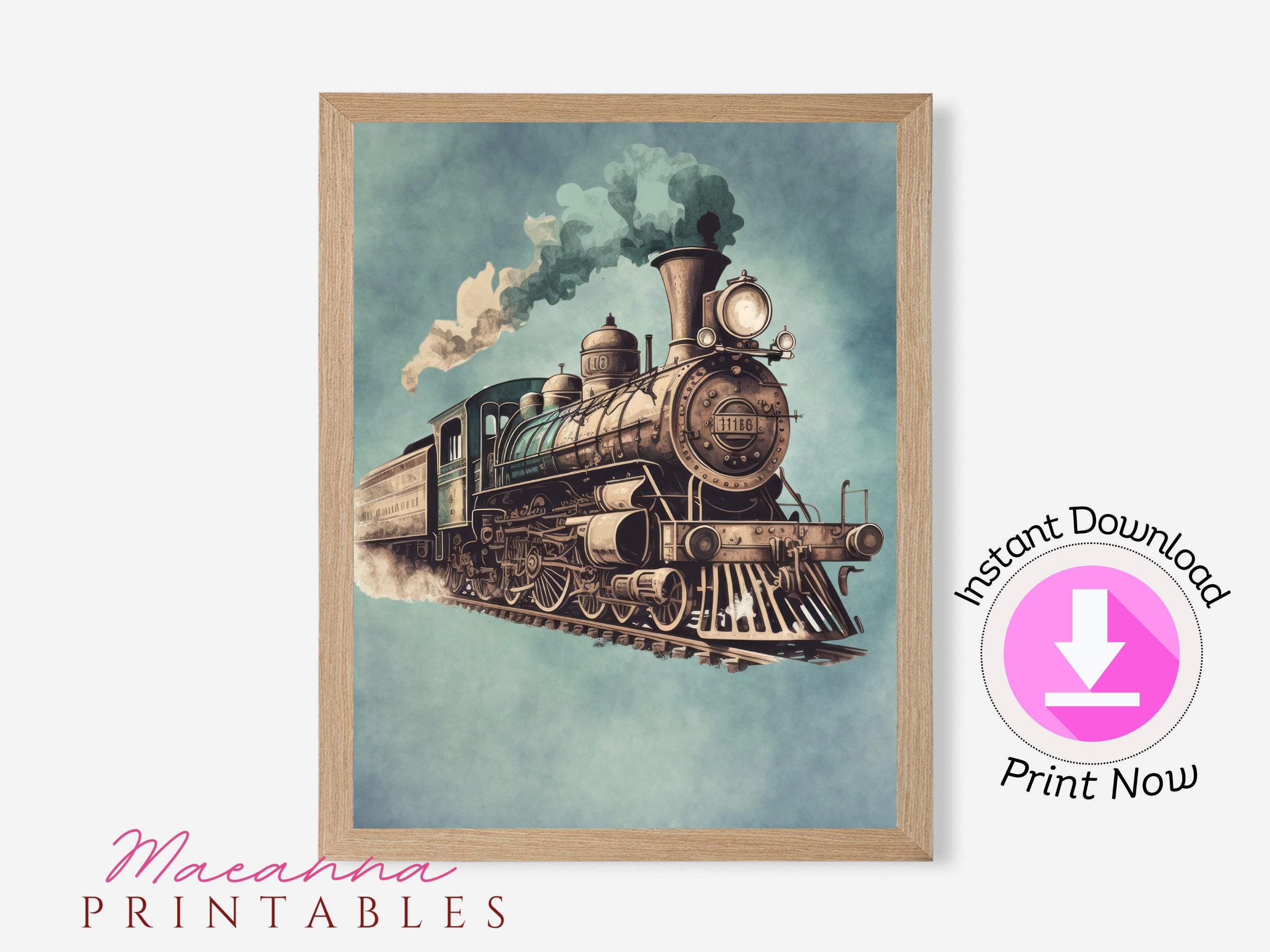 Printable Watercolor Locomotive Train Blue Copper Gift for Dad - Etsy