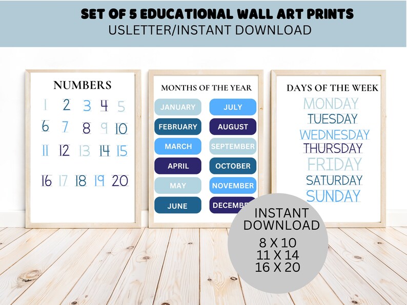 Educational Wall Art Printables Set Alphabet, Numbers, Months, Days ...