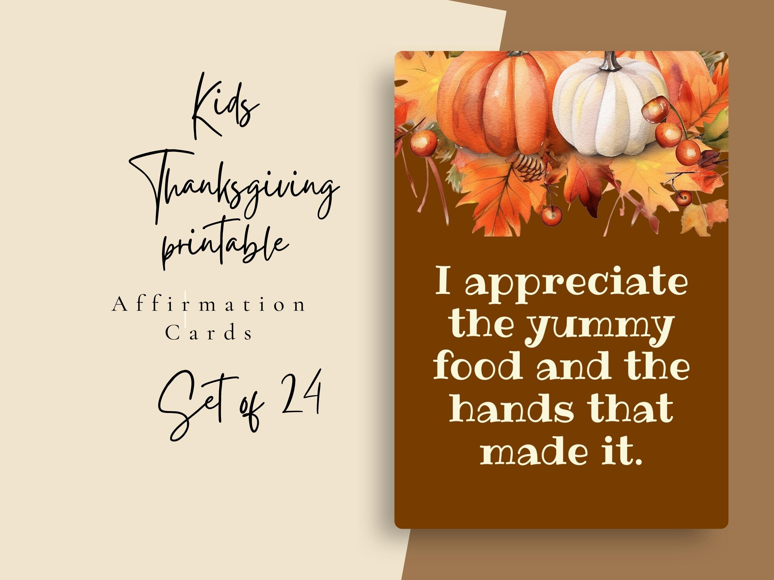 Printable Thanksgiving Affirmation Cards for Kids Set of 24, Festive ...