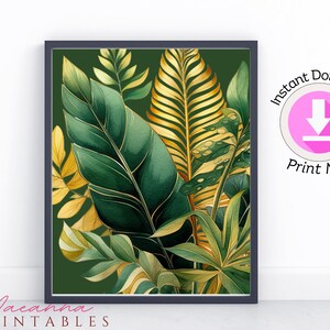 Tropical Green and Gold Leaves Wall Art Set/ Watercolor Printable Set ...