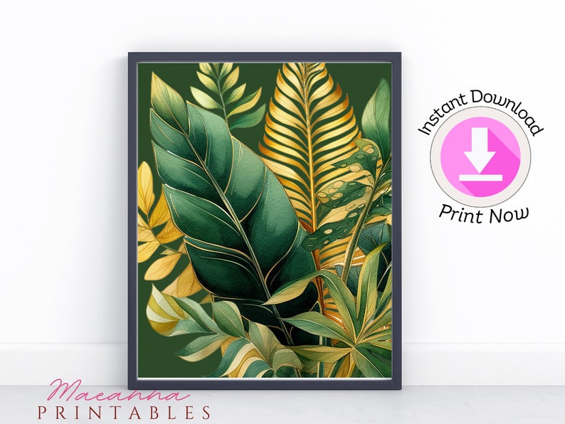Tropical Green and Gold Leaves Wall Art Set/ Watercolor Printable Set ...