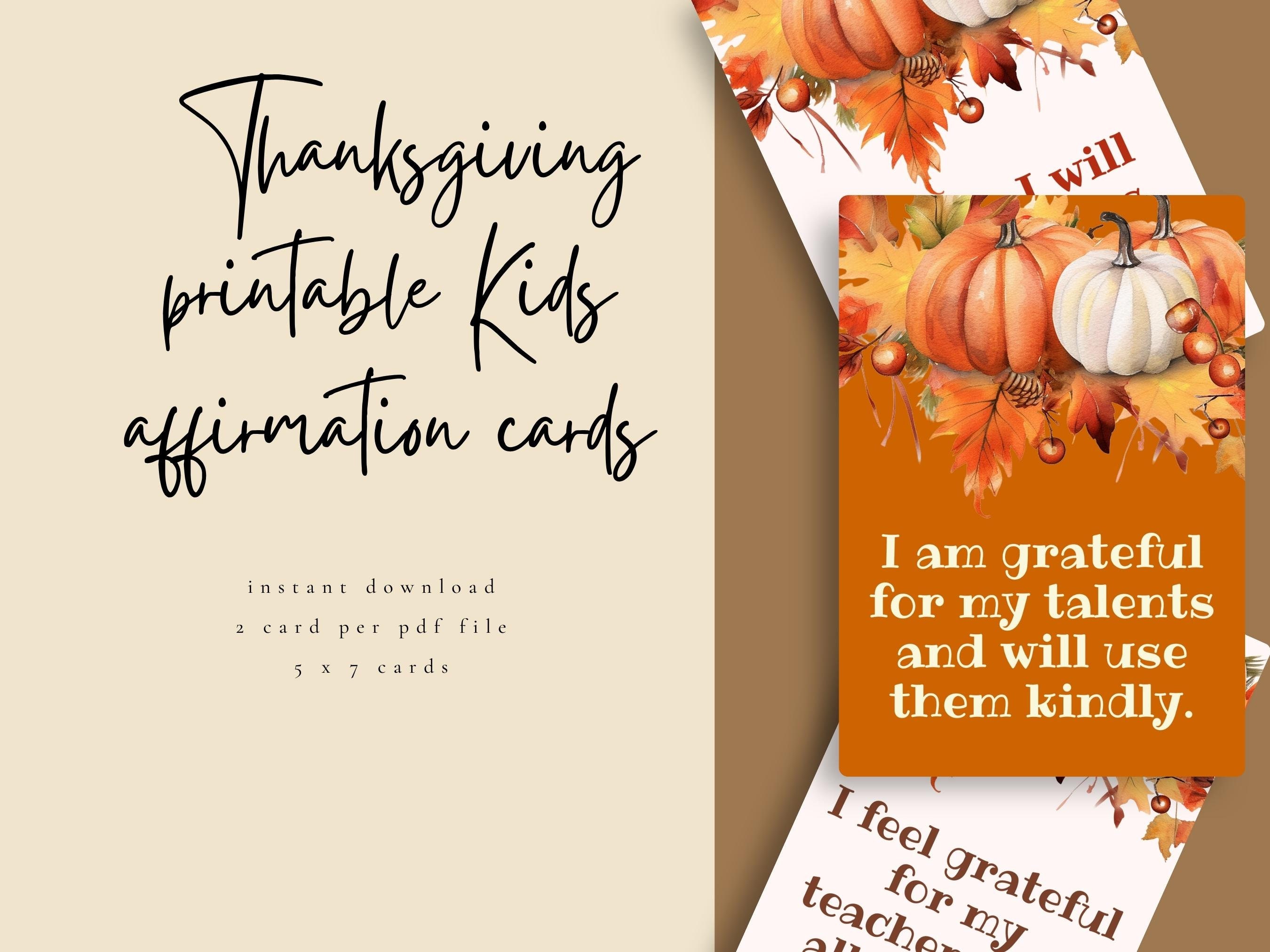 Printable Thanksgiving Affirmation Cards for Kids Set of 24, Festive ...