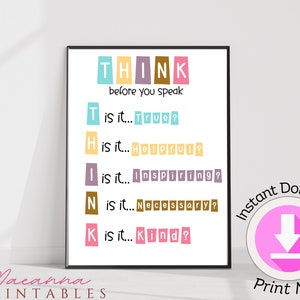 Positive Classroom Posters: Think Before You Speak Printables, Think ...