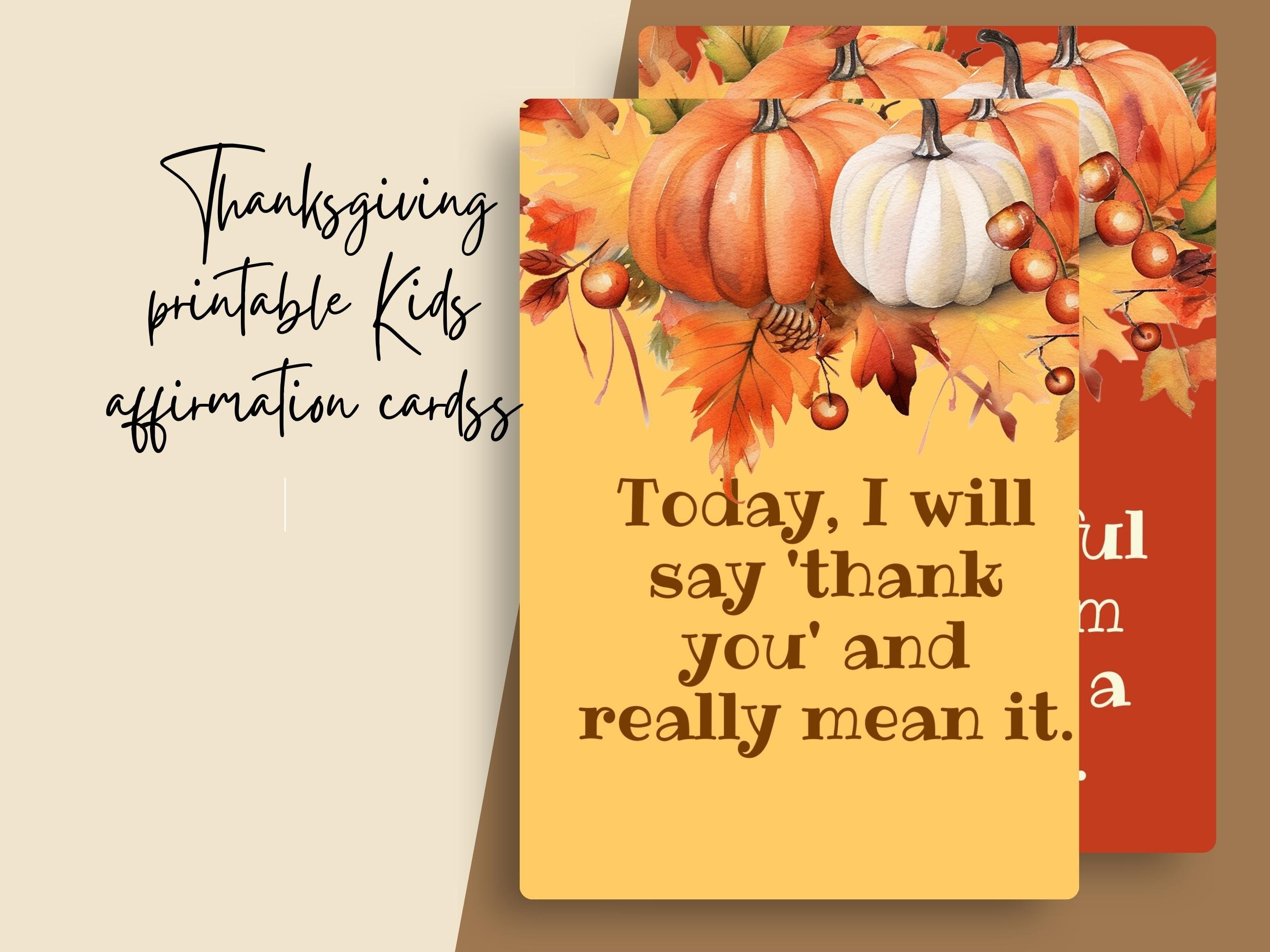 Printable Thanksgiving Affirmation Cards for Kids Set of 24, Festive ...