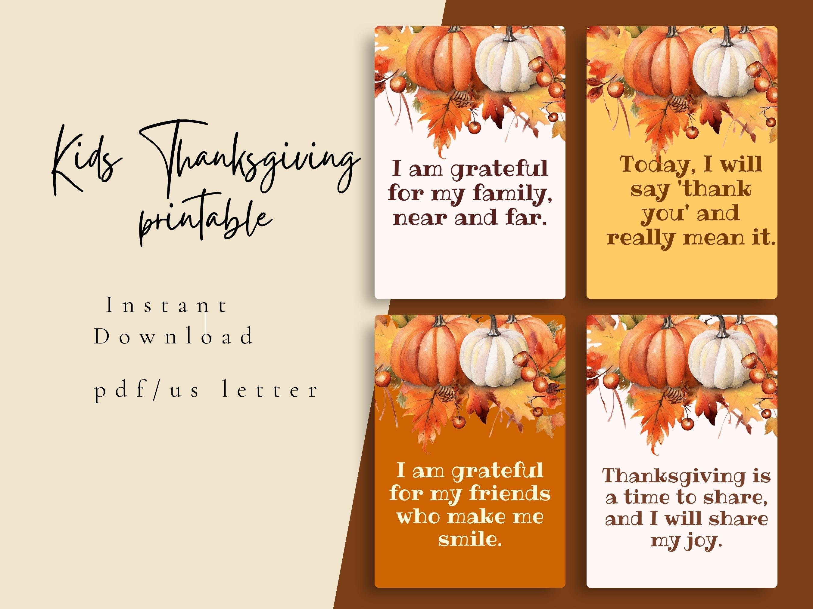 Printable Thanksgiving Affirmation Cards for Kids Set of 24, Festive ...
