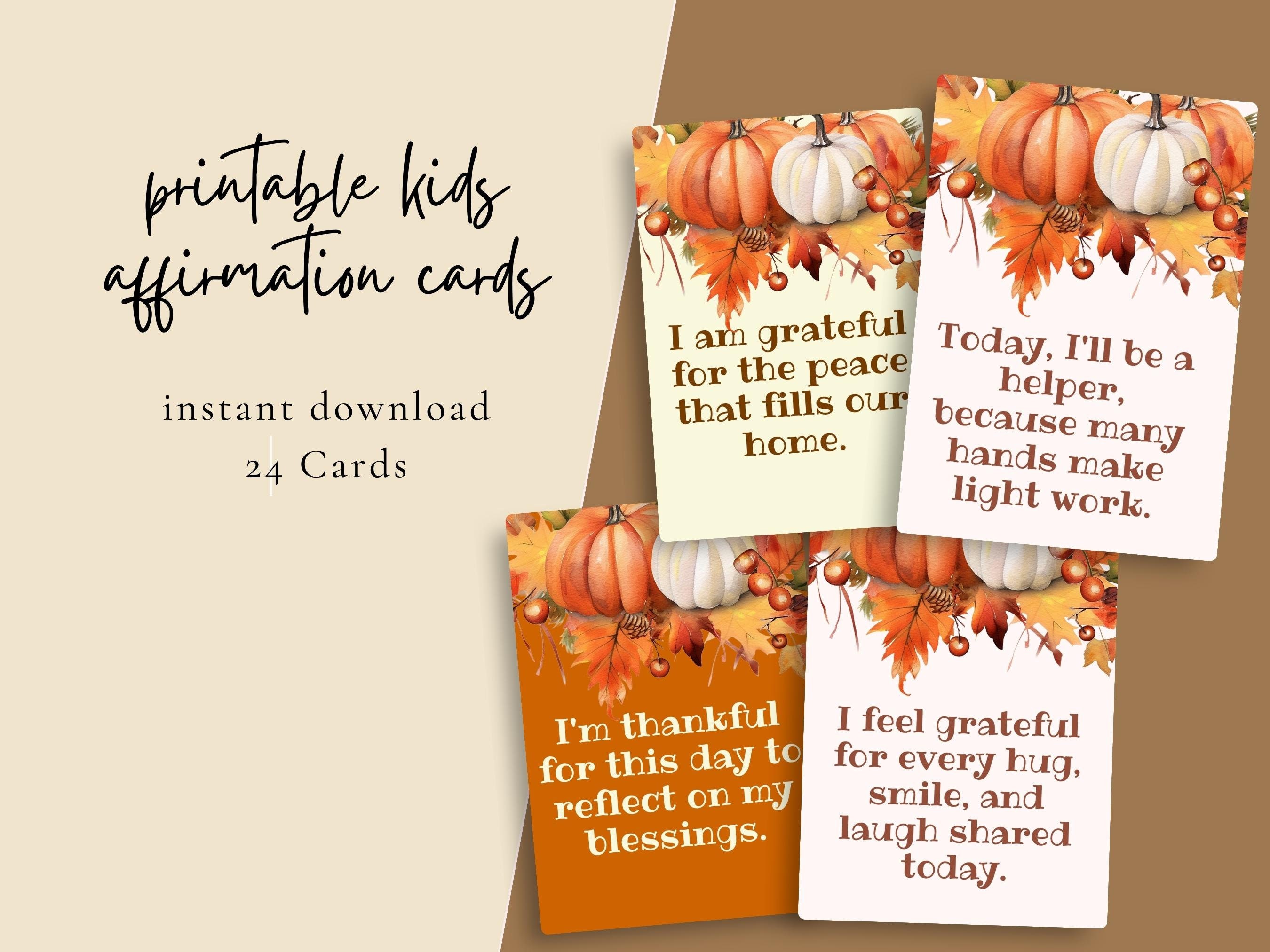 Printable Thanksgiving Affirmation Cards for Kids Set of 24, Festive ...