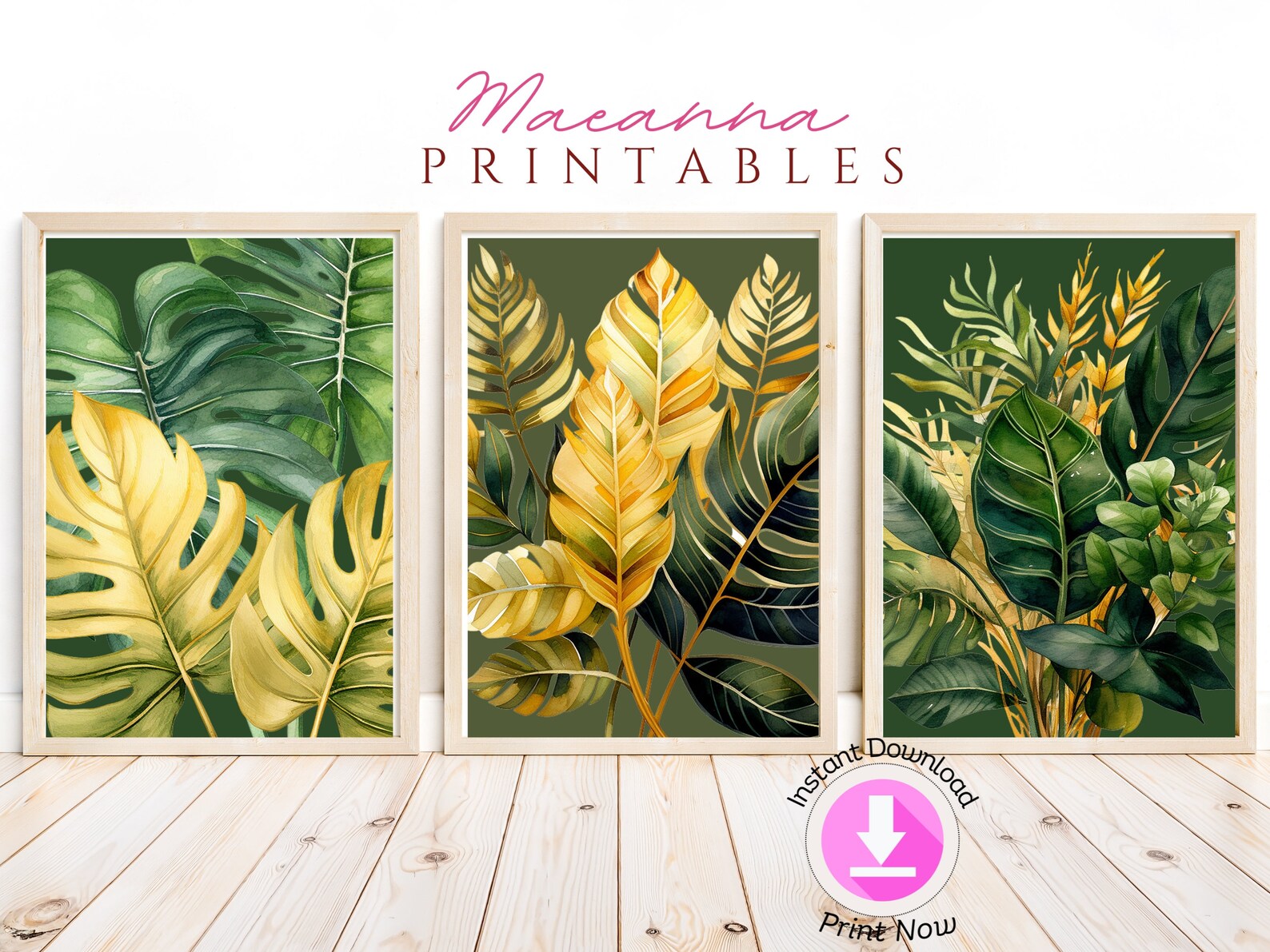 Tropical Green and Gold Leaves Wall Art Set/ Watercolor Printable Set ...