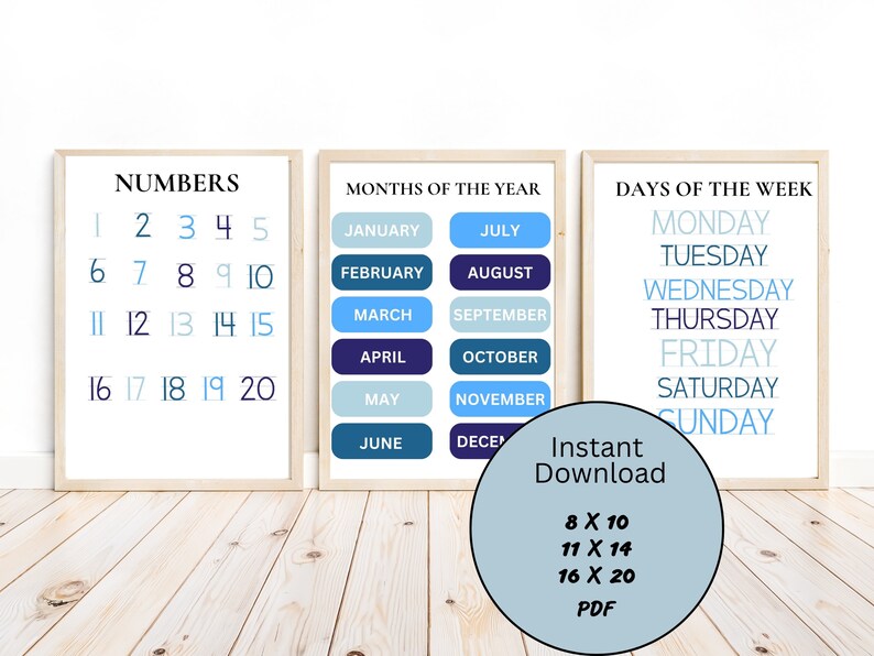 Educational Wall Art Printables Set | Alphabet, Numbers, Months, Days ...