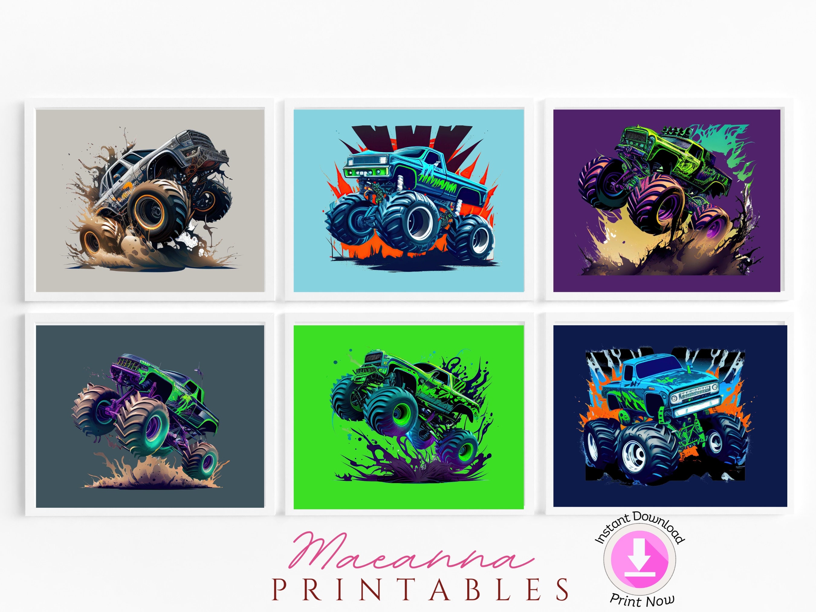 Set of 6 Monster Trucks Wall Art Printables for Boys-instant Download ...