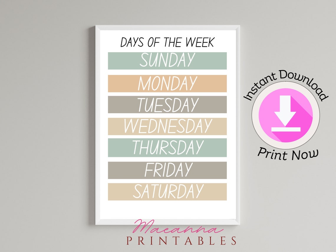 Days of the Week Printable Educational Poster-for Classroom, Homeschool ...