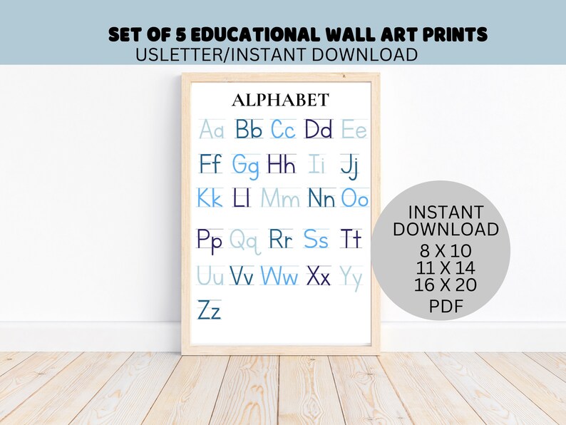 Educational Wall Art Printables Set Alphabet, Numbers, Months, Days ...